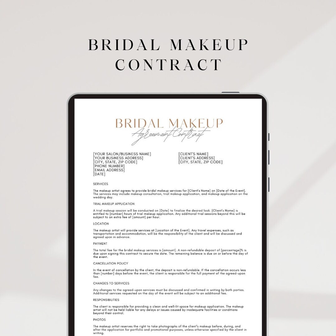 Professional Bridal Makeup Contract, Consent Form, Editable on Canva ...