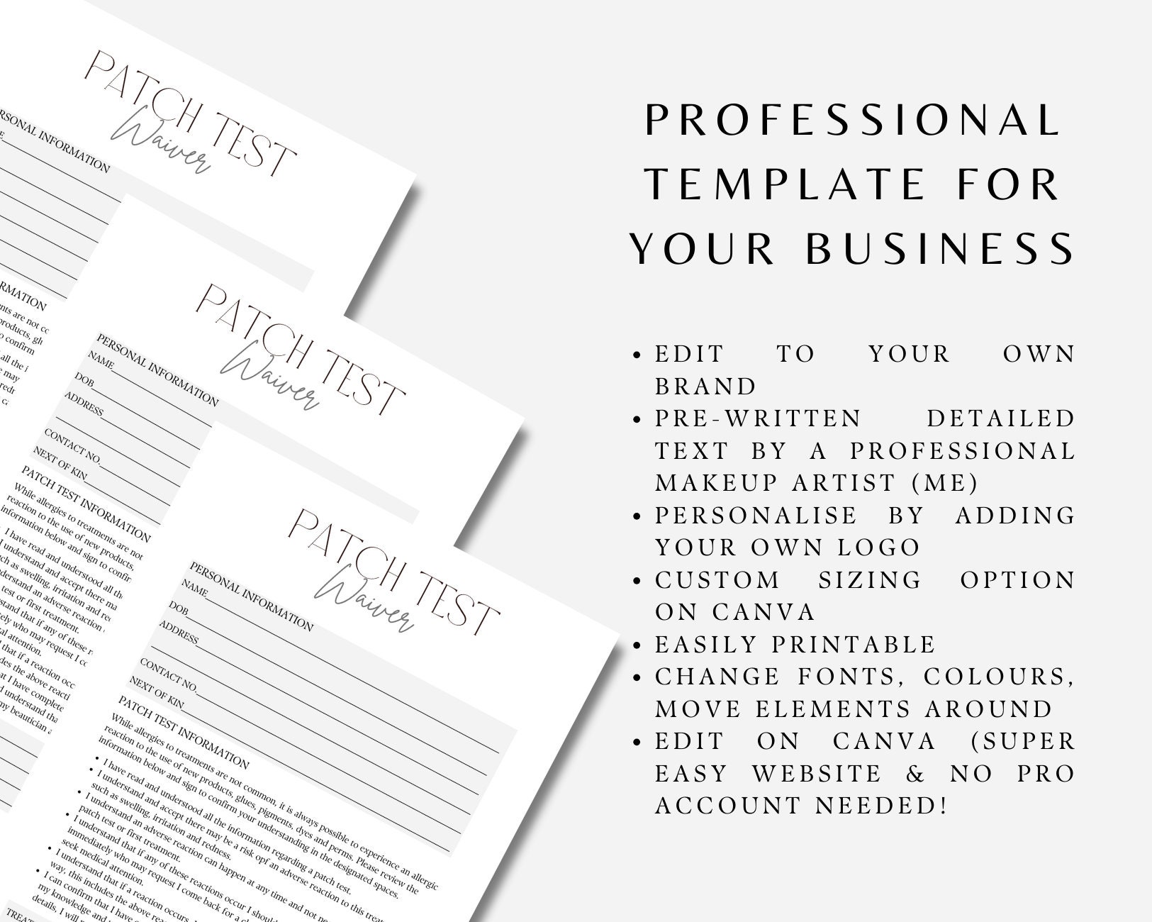 Editable Patch Test Waiver Form: Canva Template (digital Download ...