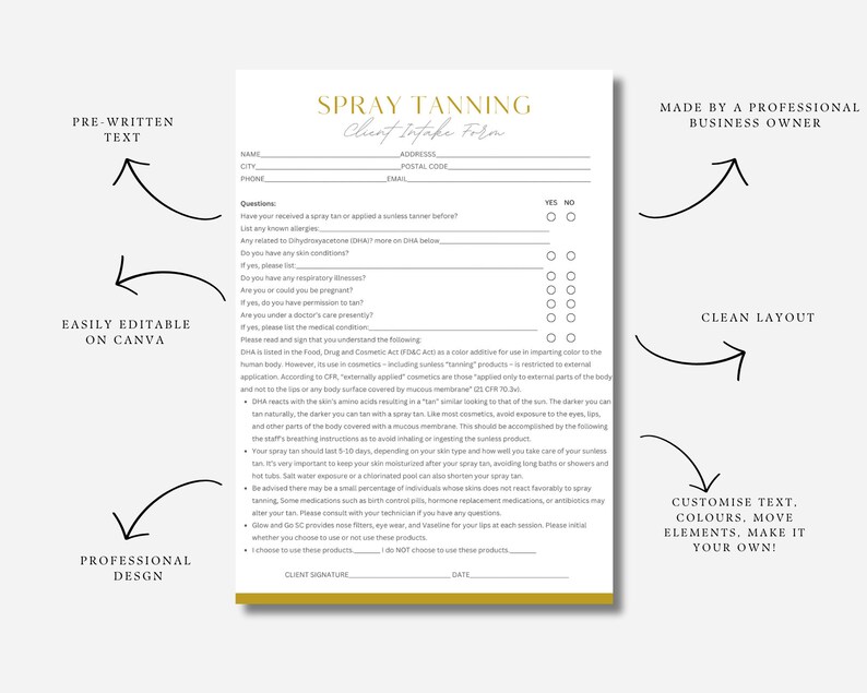 Editable Spray Tan Client Intake Form: Consultation Template (canva) - Etsy