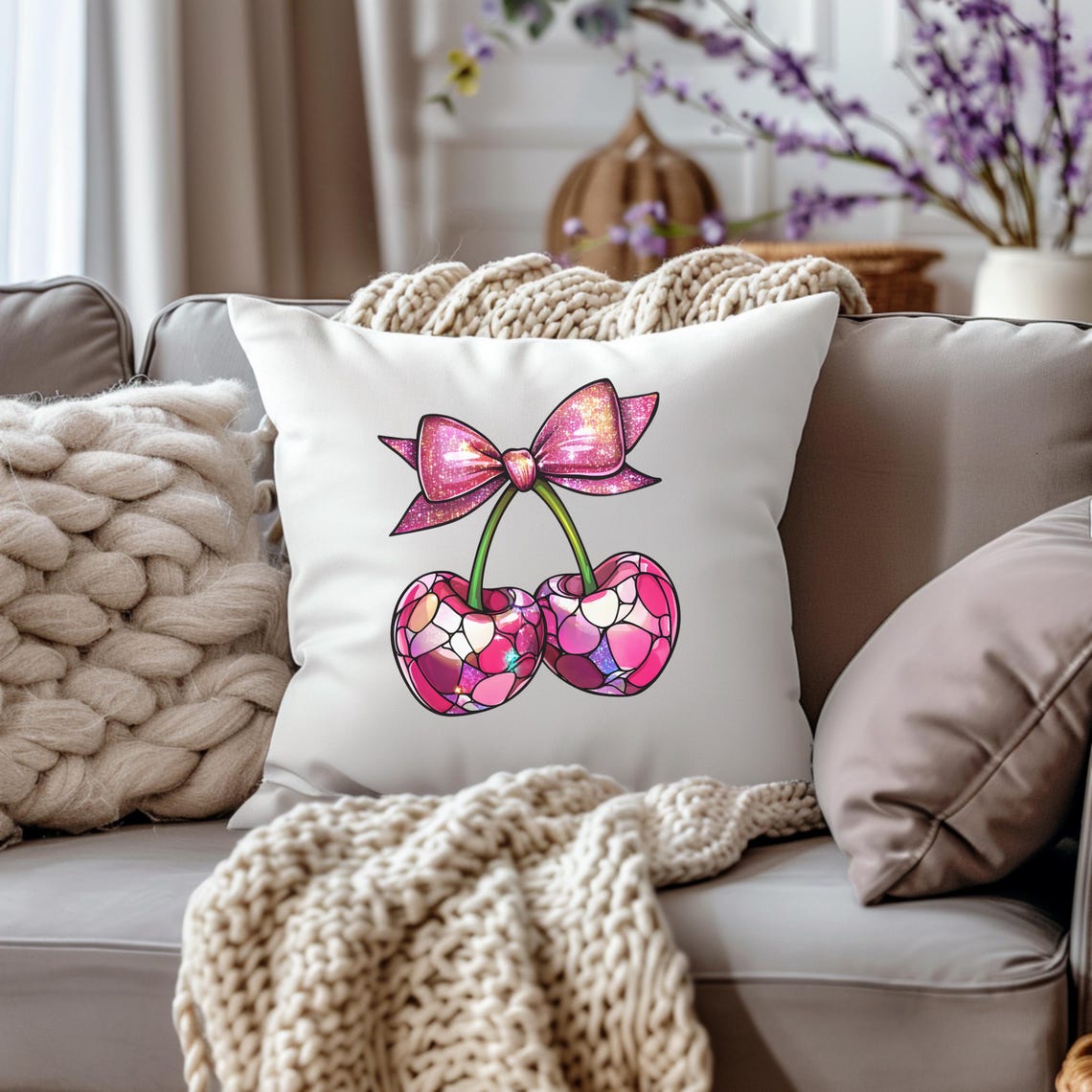 Glitter Cherries PNG Pink Retro Cherry Bow Png, Coquette Cherries Png ...