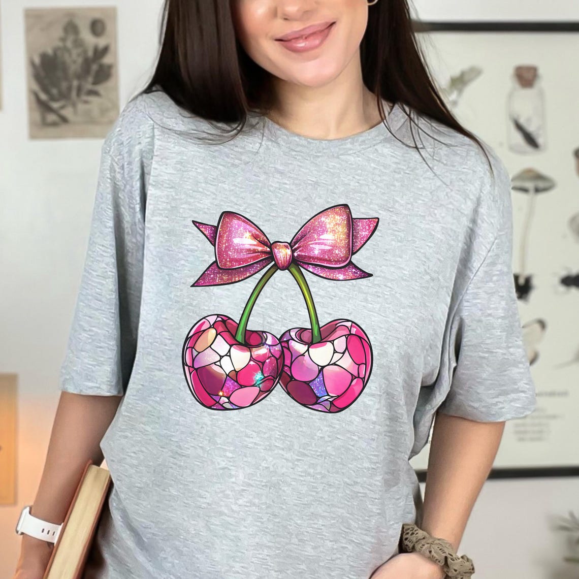 Glitter Cherries PNG Pink Retro Cherry Bow Png, Coquette Cherries Png ...