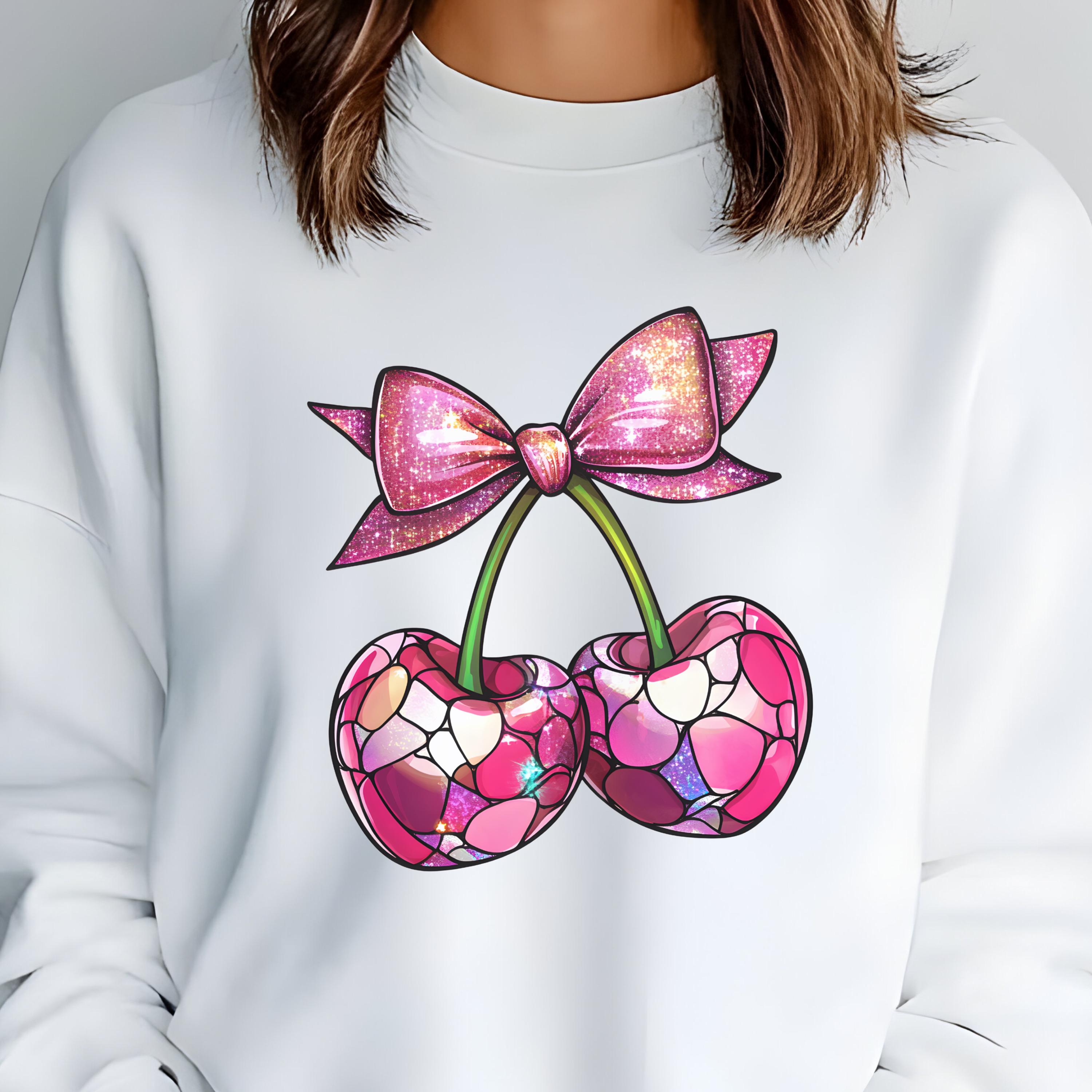 Glitter Cherries PNG Pink Retro Cherry Bow Png, Coquette Cherries Png ...