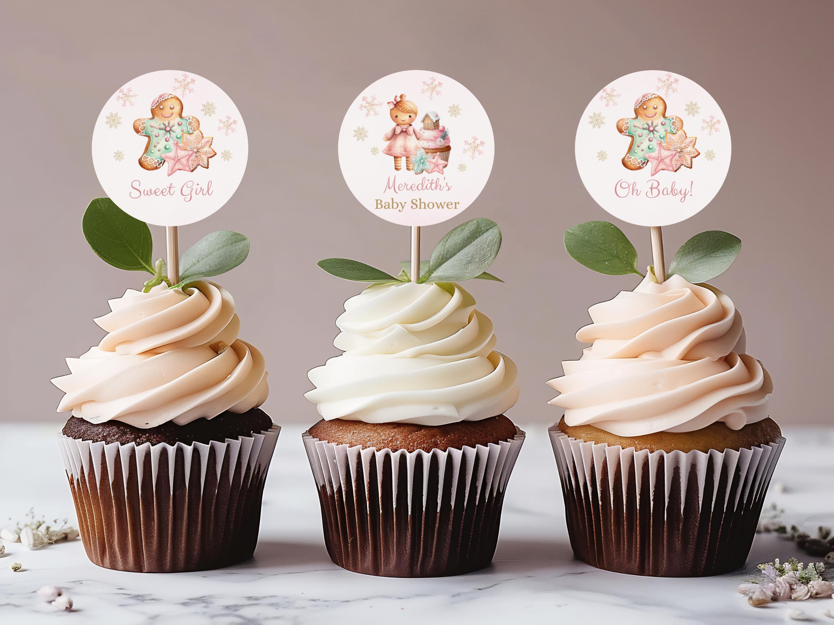 Gingerbread Baby Shower Cupcake Toppers, Pink Christmas Baby Shower ...