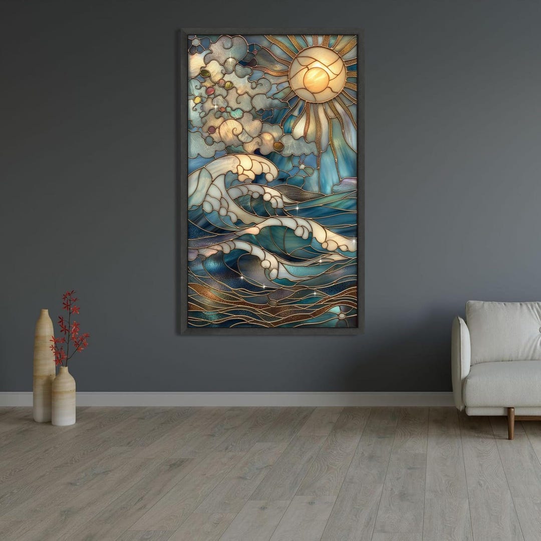 Stained Glass Ocean Waves Canvas, Sun Rays Wall Art, Nautical Home ...