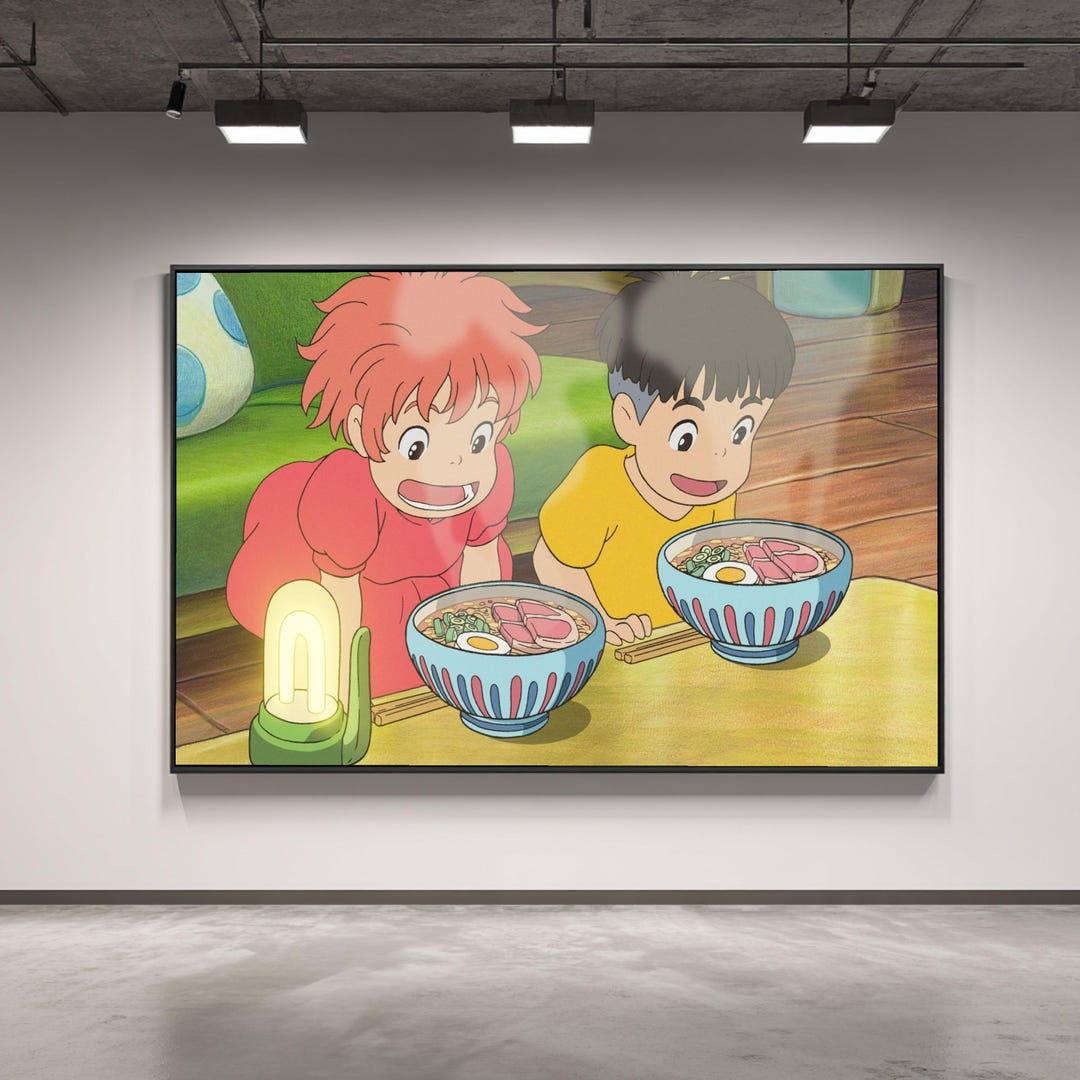 Ponyo Anime Scene Canvas Wall Art, Kids Enjoying Ramen Bowl, Studio ...