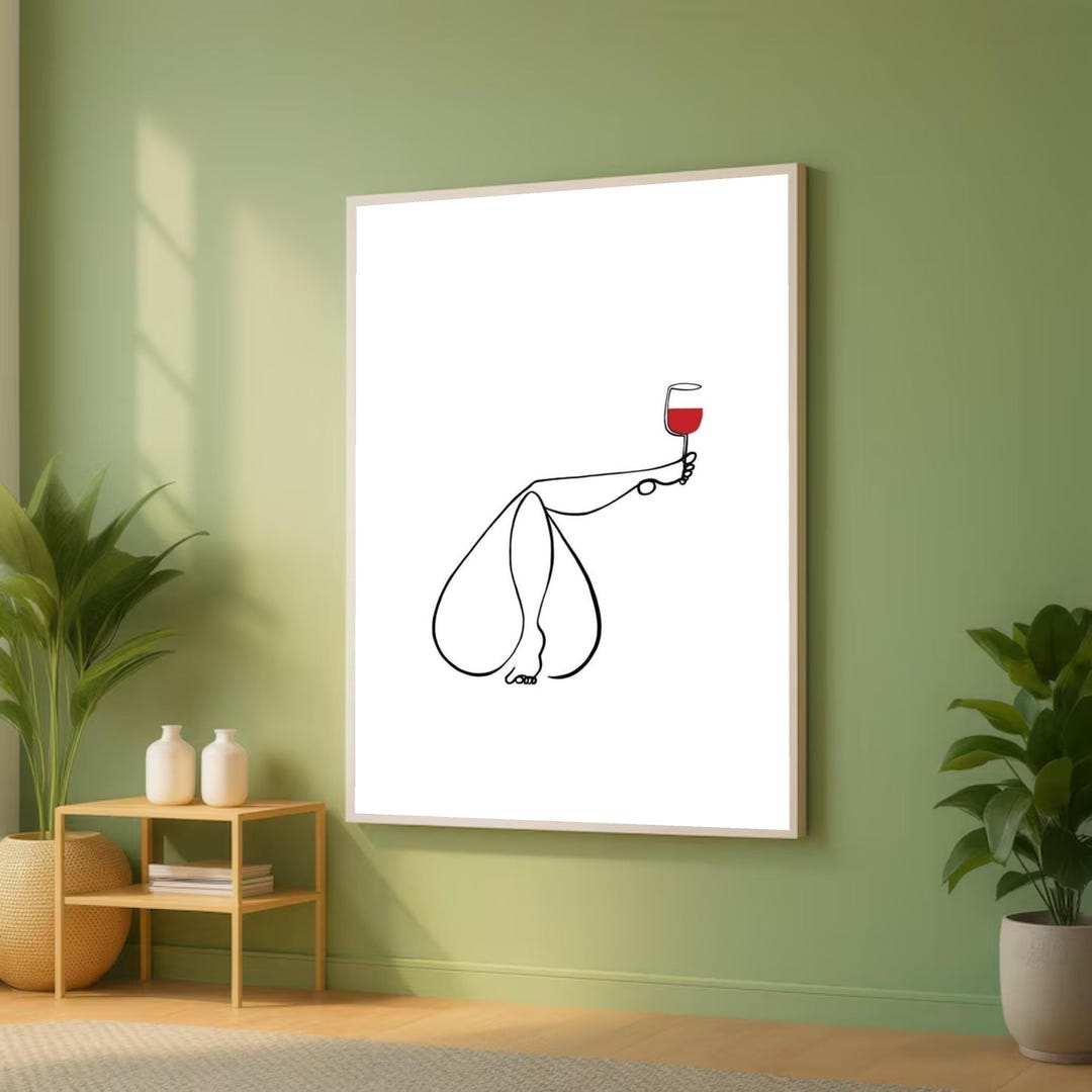Minimalist Line Art Canvas, Modern Female Silhouette With Wine Glass ...