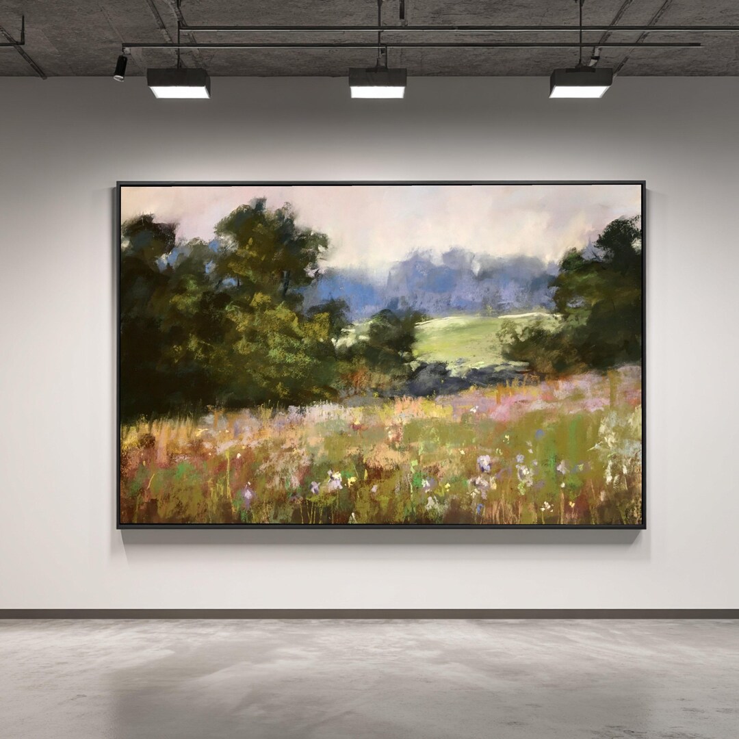 Soft Pastel Landscape Canvas Wall Art, Wildflower Meadow Painting ...