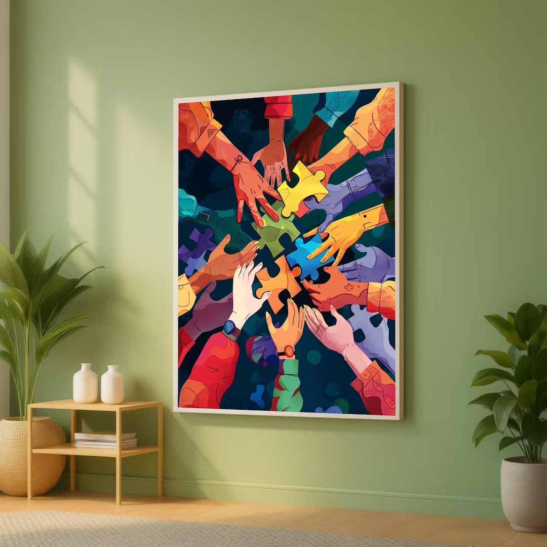 Diverse Hands Connecting Puzzle Pieces Canvas, Teamwork Wall Art, Unity ...