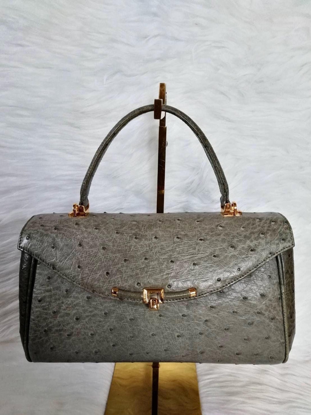 Genuine Ostrich Leather Bag, Vintage Grey Ostrich Leather Handbag, Top ...