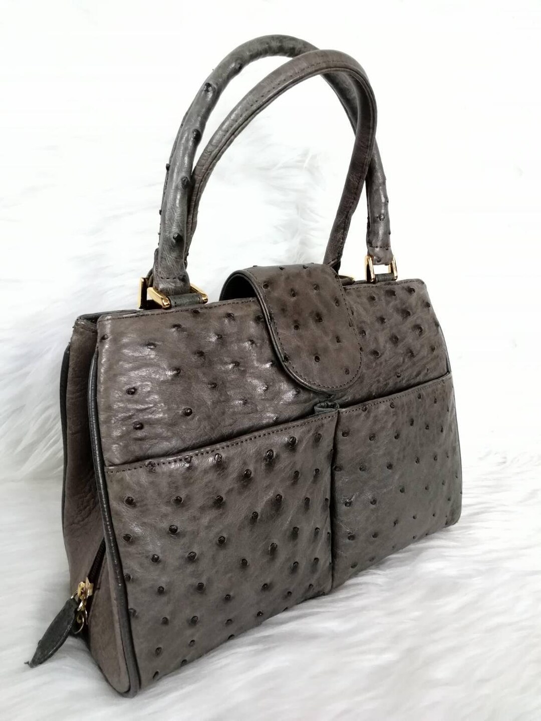 Vintage Grey Ostrich Leather Handbag With Elegant Gold-tone Hardware ...