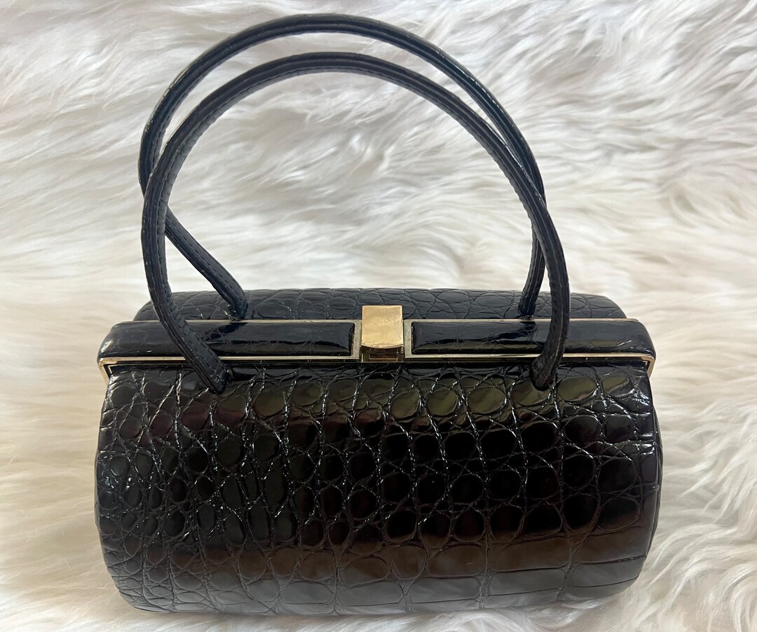 Mini Alligator Barrel Bag, Genuine Black Leather Bag, Mini Vintage Bag ...
