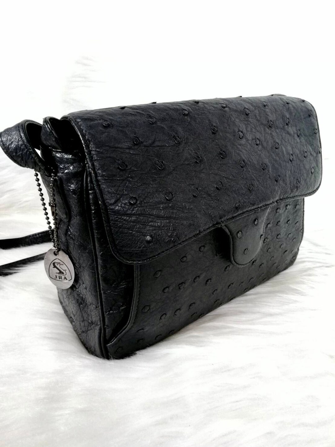 Genuine JRA Ostrich Leather Shoulder Bag, Black Vintage Purse, Black ...