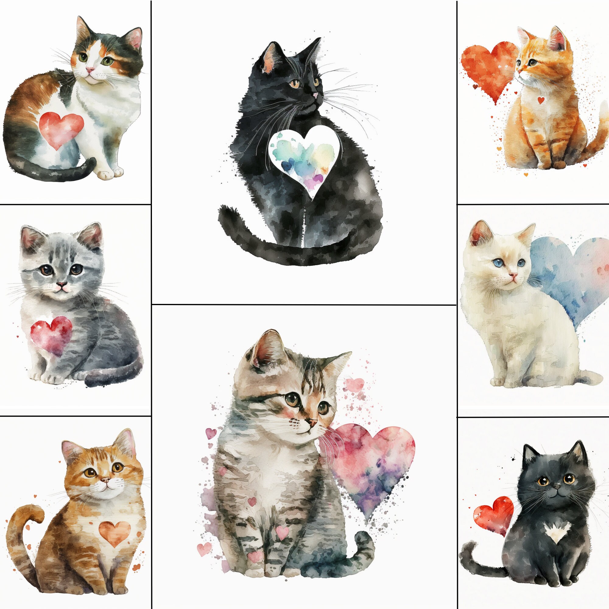 Valentine Cats Watercolor Clipart, 10 Pngs High-quality 300DPI ...