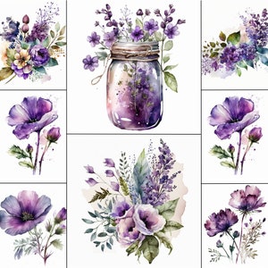Purple Flowers Watercolor Clipart, 10 High-quality Pngs 300DPI ...