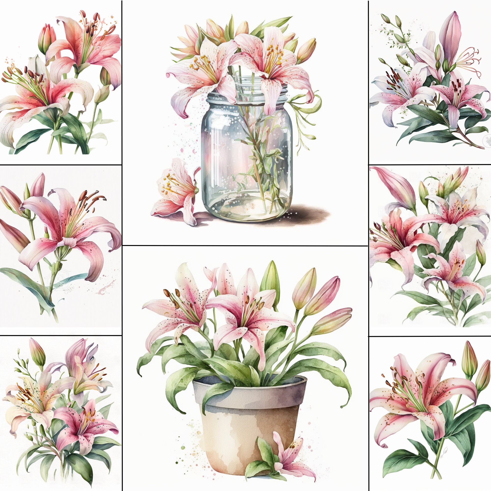 Pink Lily Watercolor Clipart, 10 High-quality Pngs 300 DPI, Commercial ...