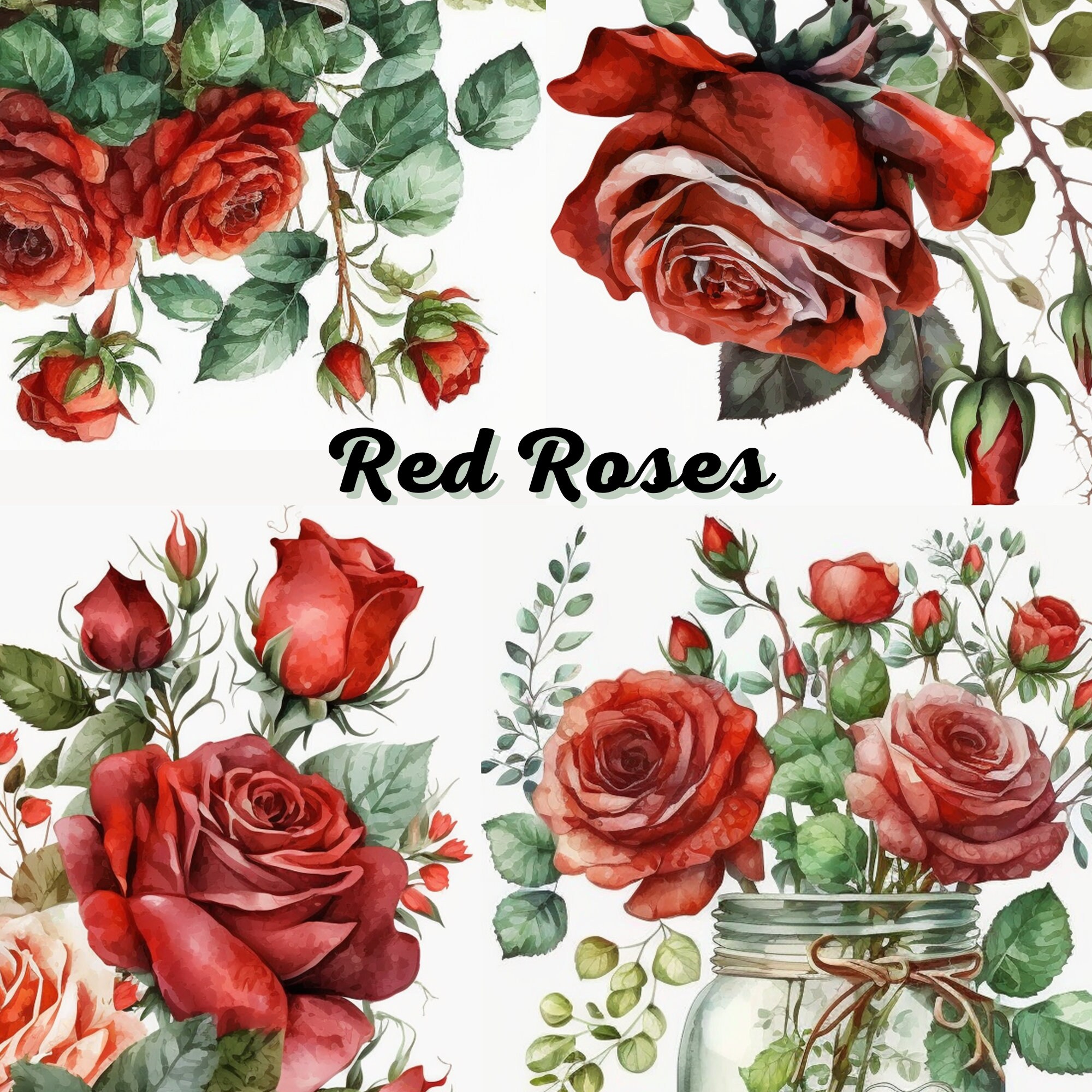 Watercolor Clipart Cute Red Roses, 10 High-quality Pngs 300DPI ...