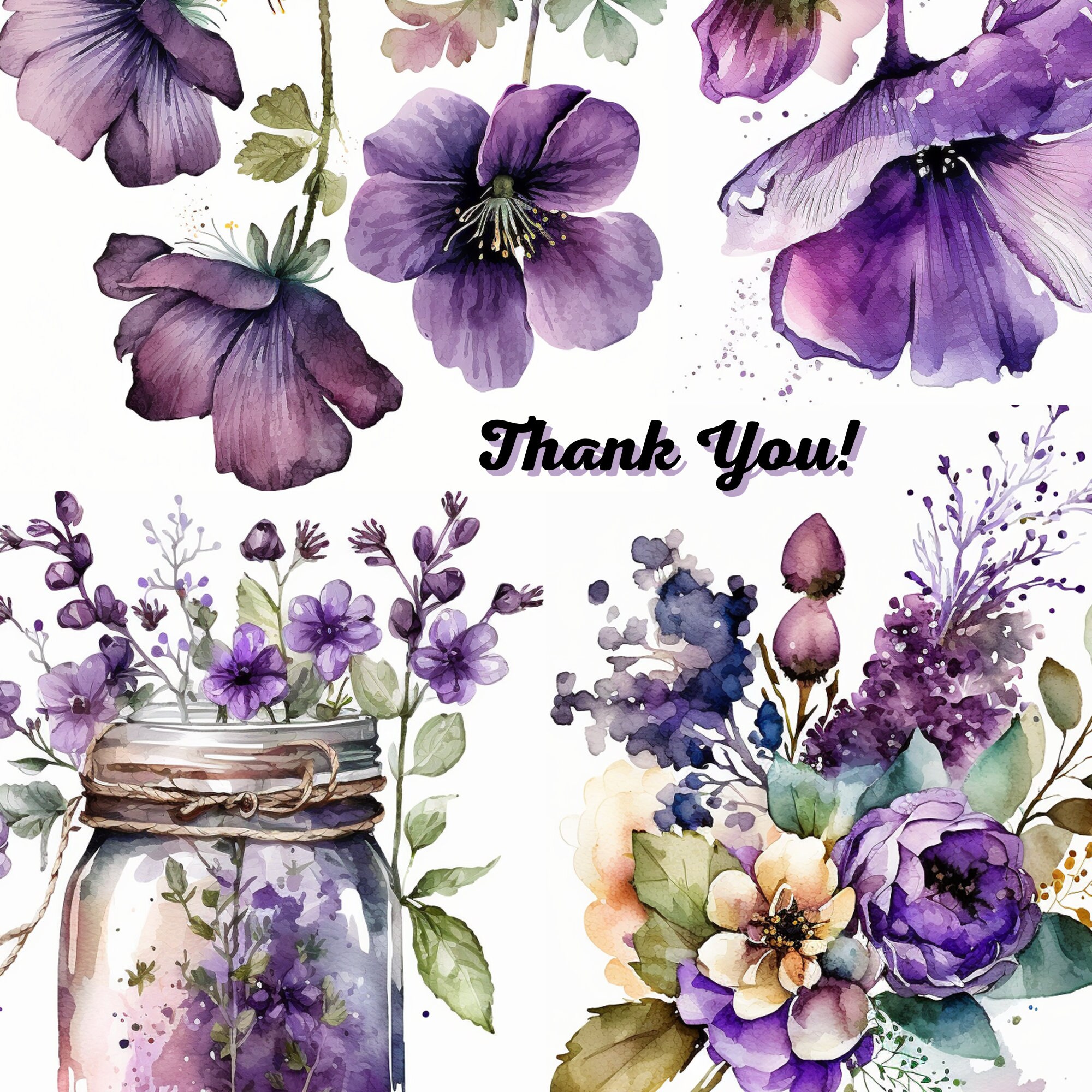 Purple Flowers Watercolor Clipart, 10 High-quality Pngs 300DPI ...