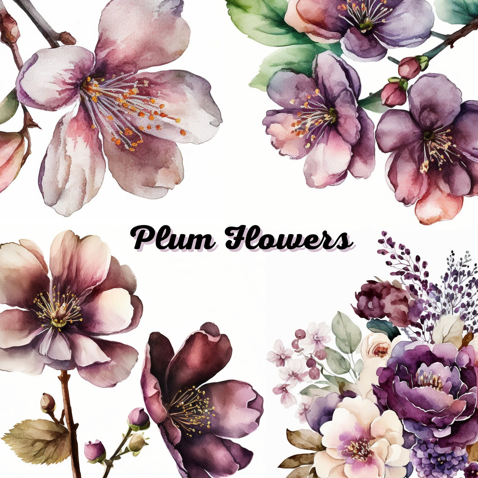 Plum Flowers Watercolor Clipart, 10 High-quality Pngs 300 DPI ...