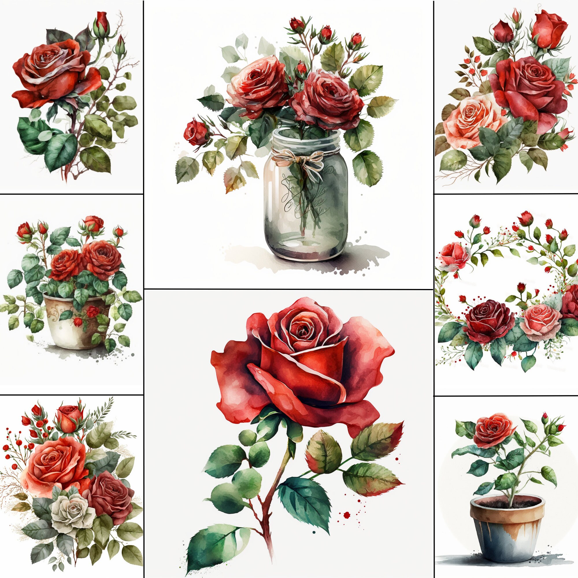 Watercolor Clipart Cute Red Roses, 10 High-quality Pngs 300DPI ...