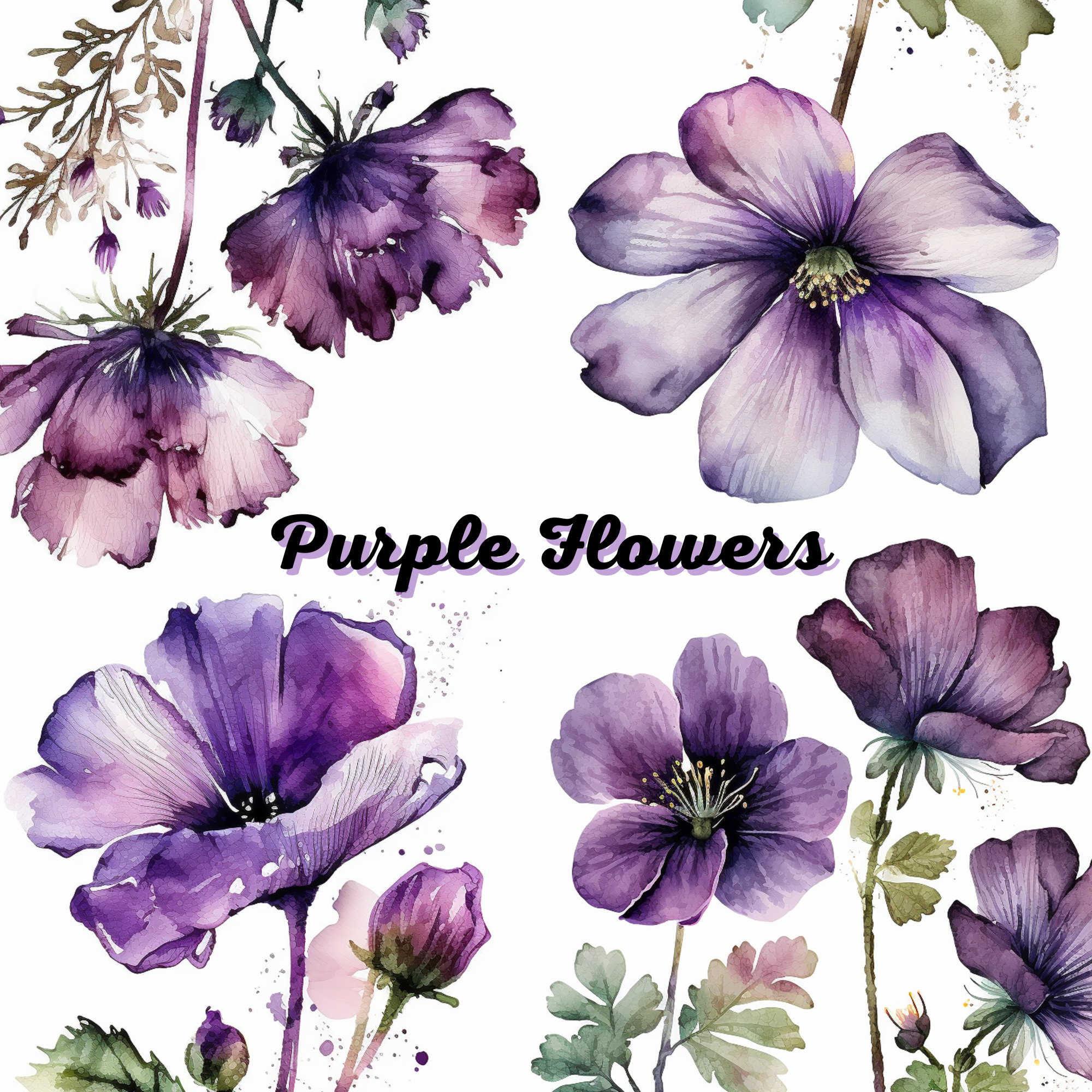 Purple Flowers Watercolor Clipart, 10 High-quality Pngs 300DPI ...