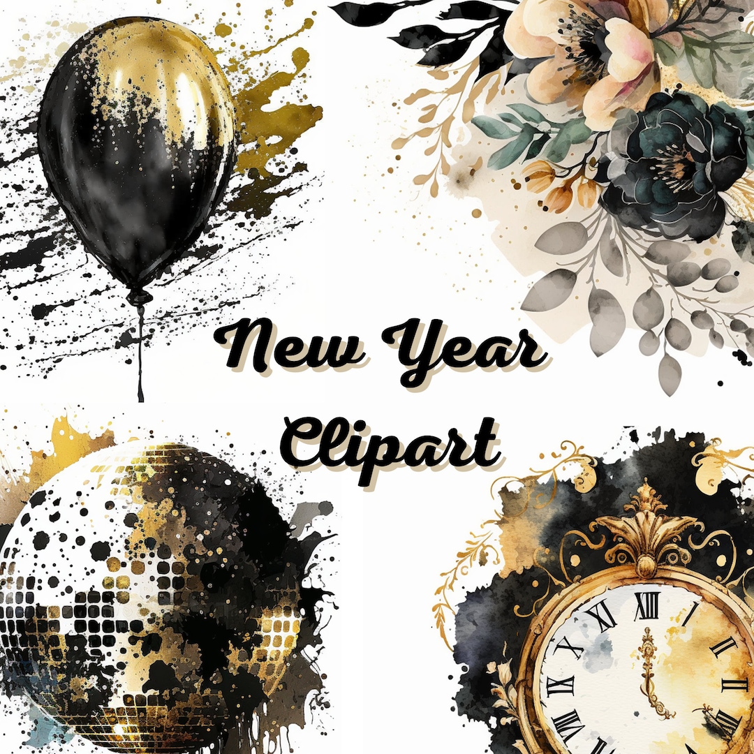 New Year Watercolor Clipart, 10 Pngs High-quality 300 DPI, Black and ...