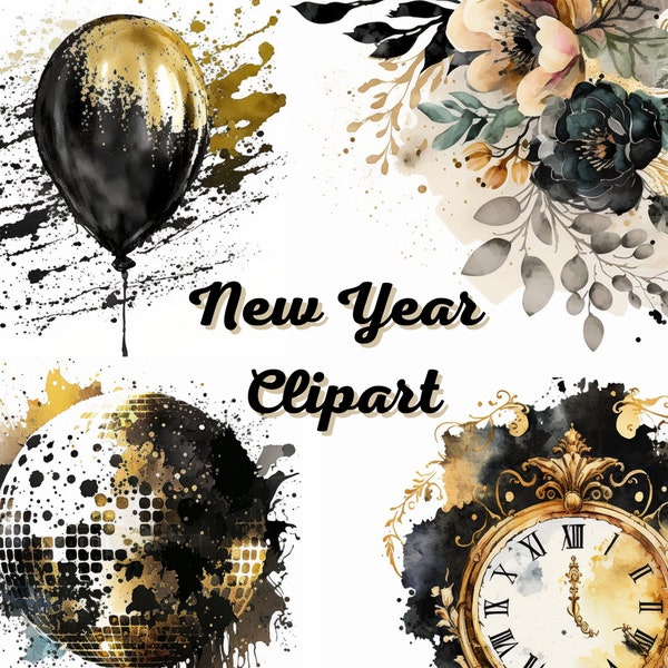 New Year Clipart Black and White - Etsy