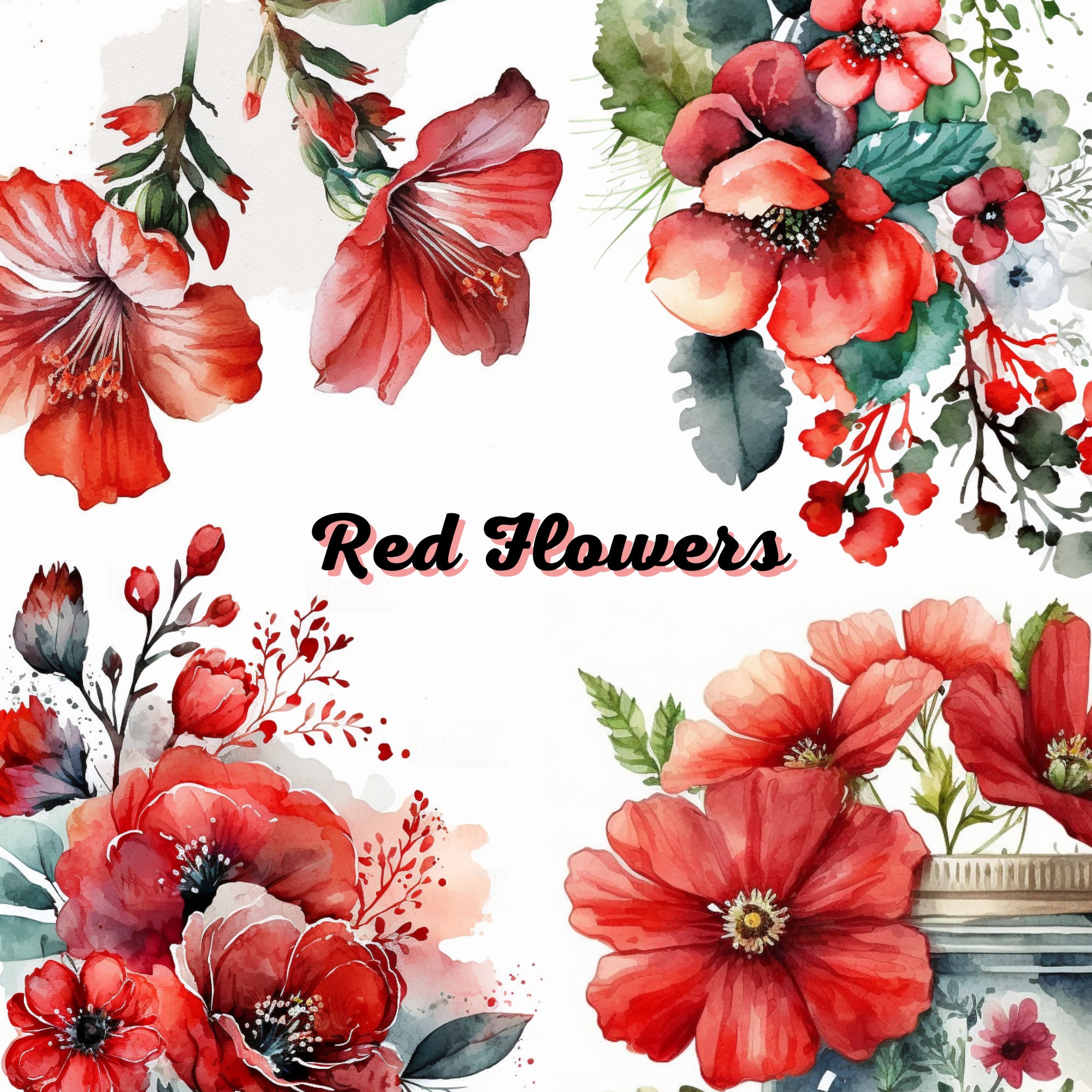 Red Flowers Watercolor Clipart, 10 High-quality Pngs 300DPI, Commercial ...
