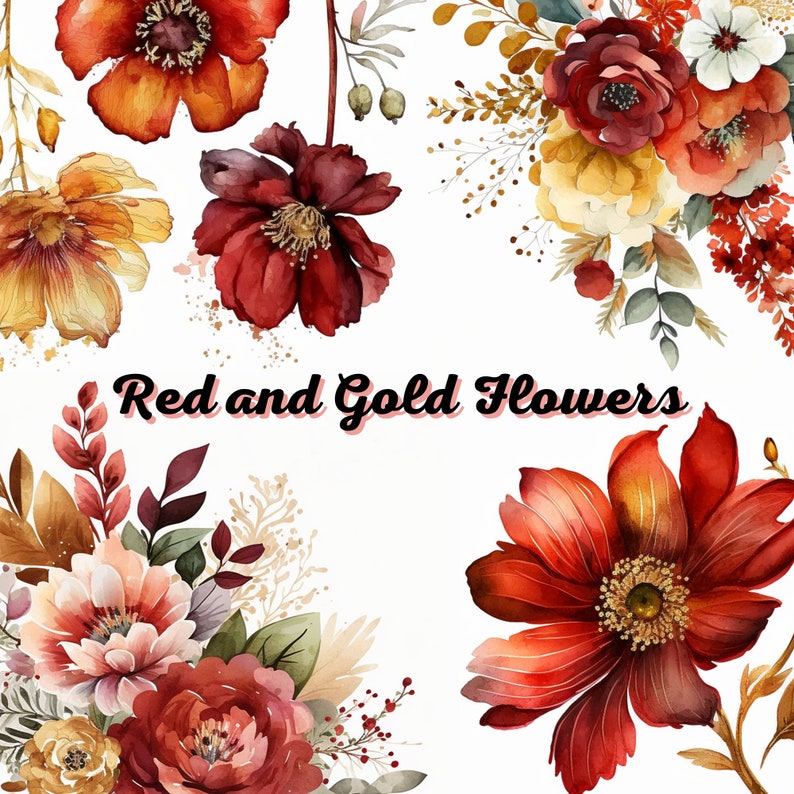 Red and Gold Flowers Watercolor Clipart, 10 High-quality Pngs 300 DPI ...