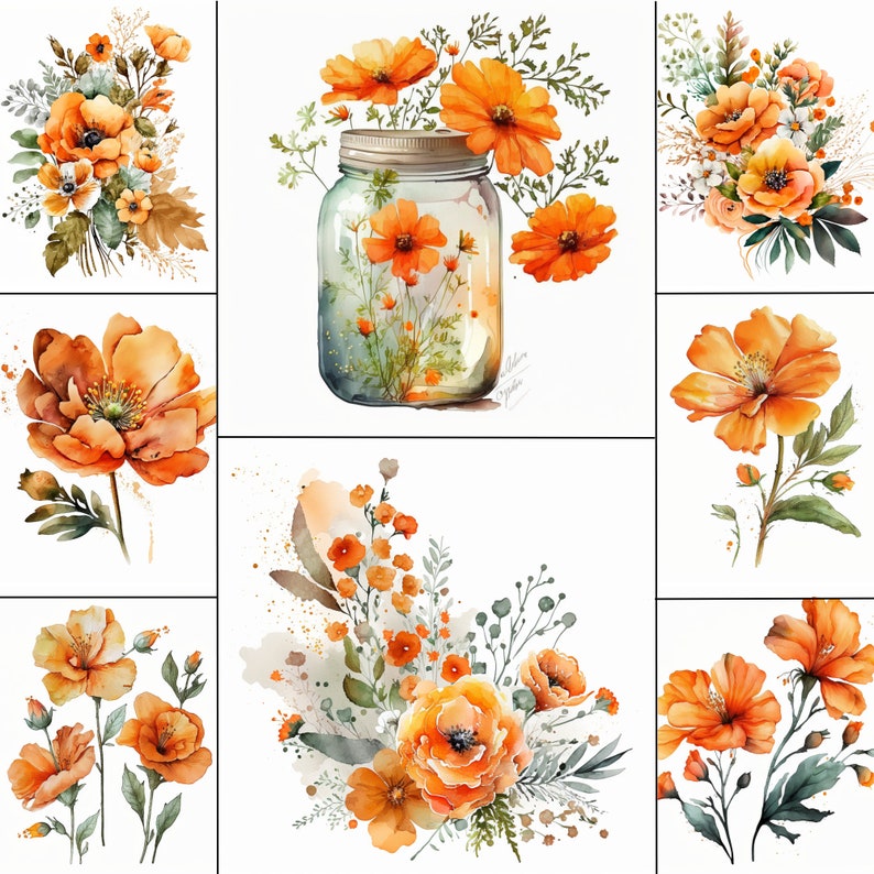 Orange Flowers Watercolor Clipart, 10 High-quality Pngs 300DPI ...