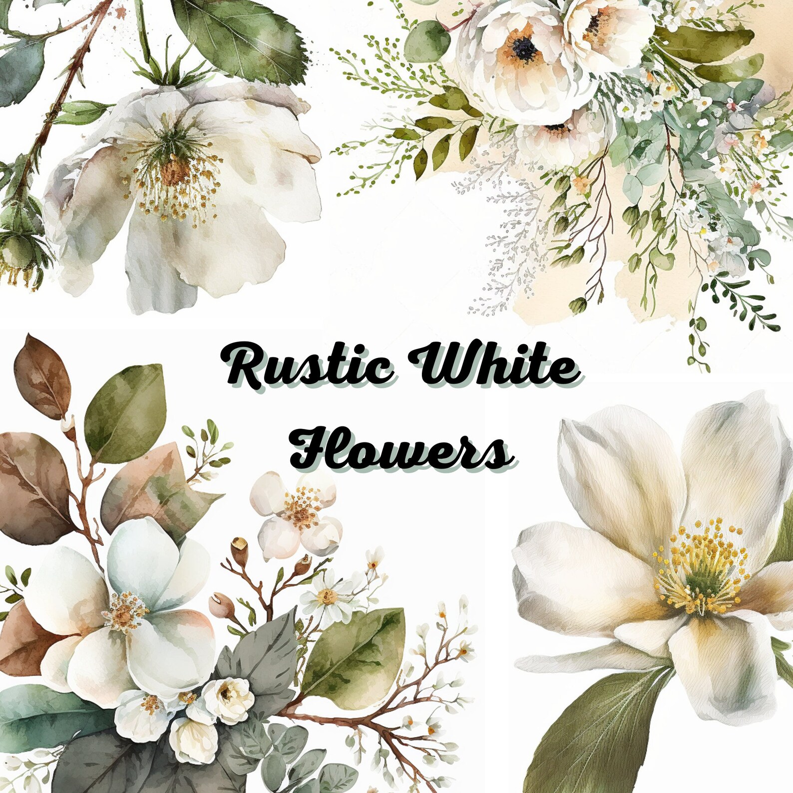 Rustic White Flowers Watercolor Clipart, 10 High-quality Pngs 300 DPI ...