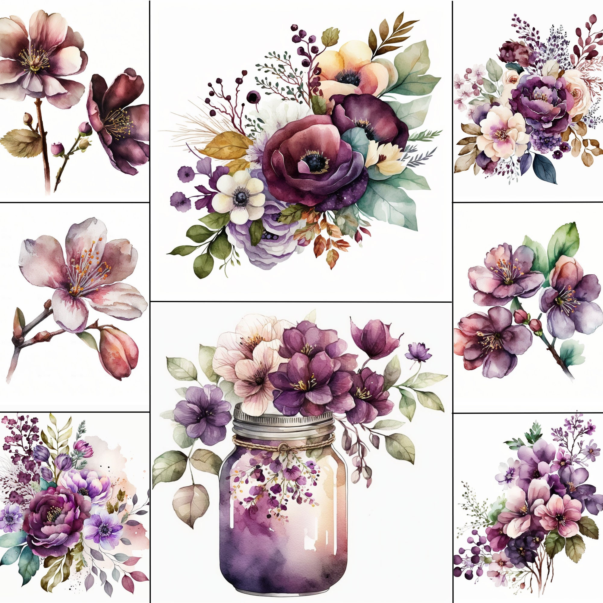 Plum Flowers Watercolor Clipart, 10 High-quality Pngs 300 DPI ...