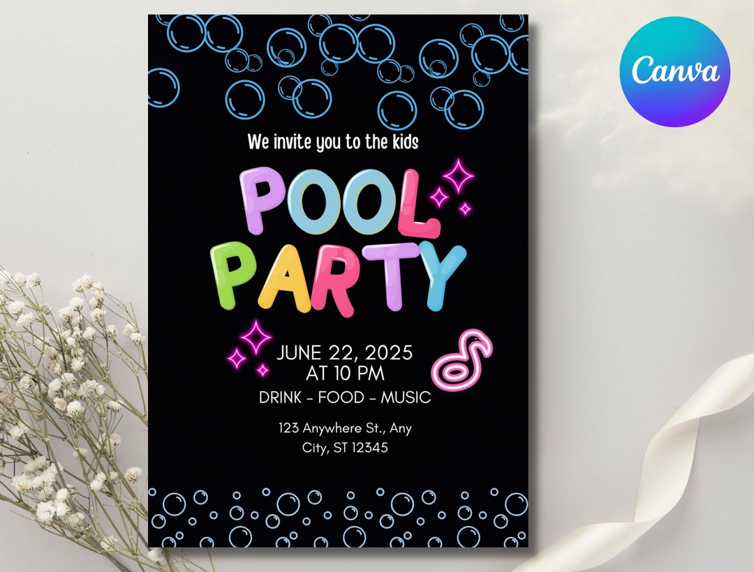 Neon Pool Party Birthday Invitation Boys Blue Green Summer Invite Glow ...