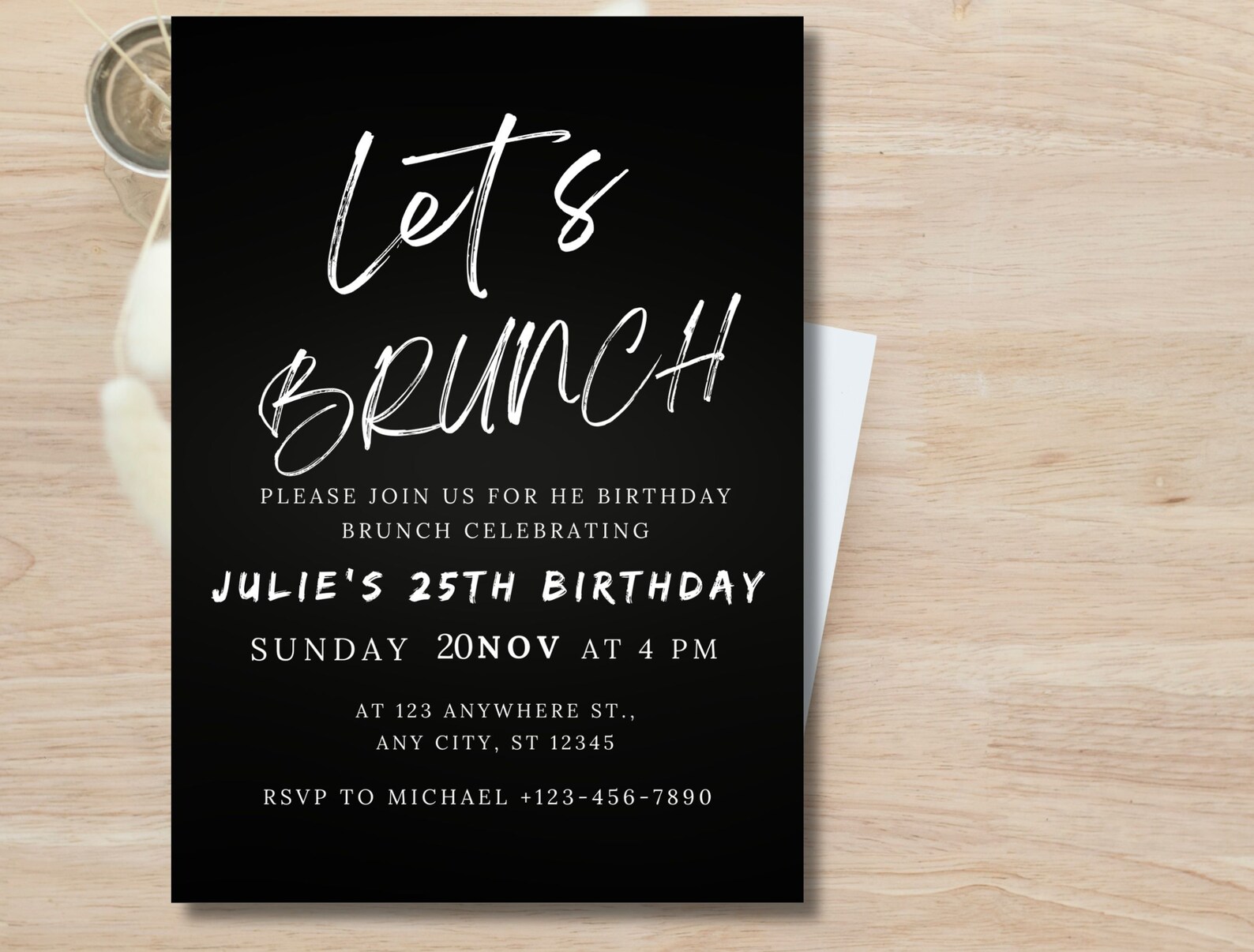 Editable Birthday Brunch Invitation, Let's Brunch, Black, Minimalist ...