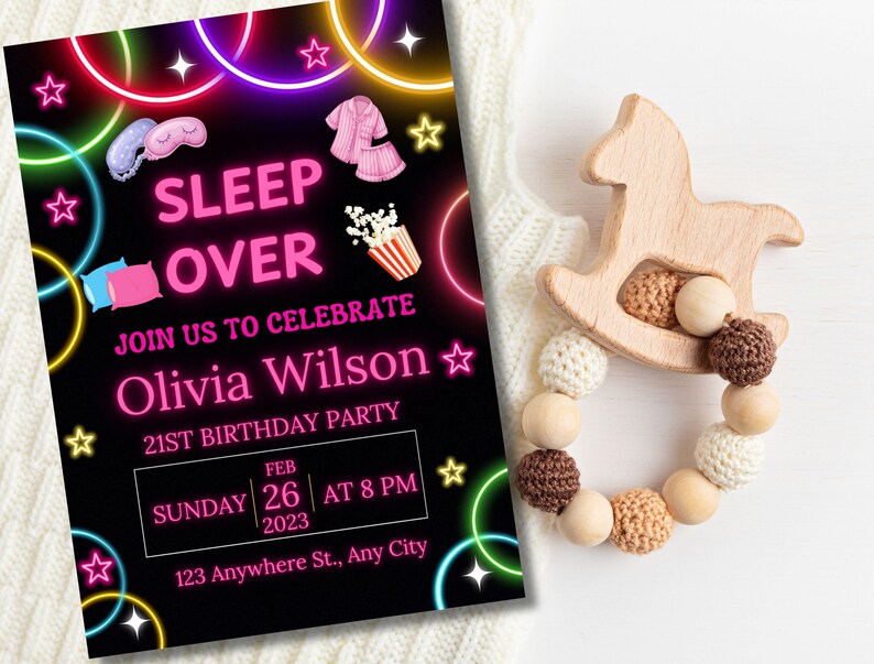 Sleepover Birthday Invitation Template, Neon Sleepover Invite, Slumber ...
