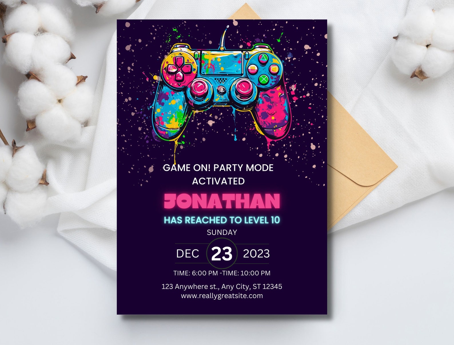 Video Game Birthday Invitation Template, Video Game Invitation, Neon ...