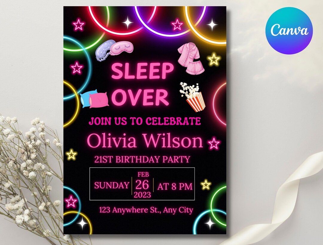 Sleepover Birthday Invitation Template, Neon Sleepover Invite, Slumber ...