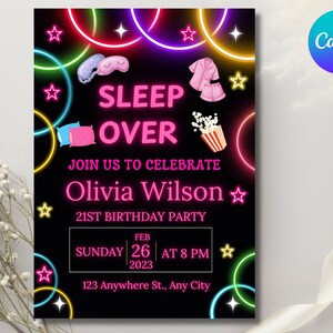 Sleepover Birthday Invitation Template, Neon Sleepover Invite, Slumber ...