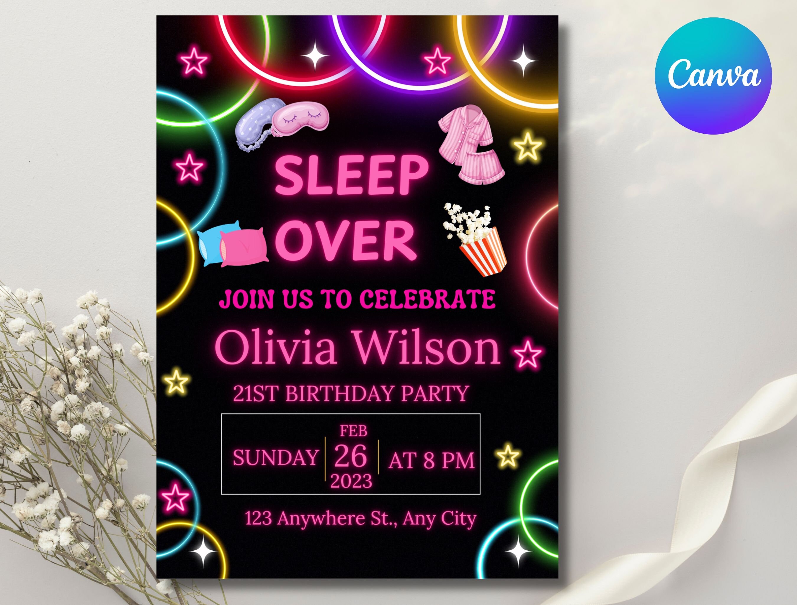 Sleepover Birthday Invitation Template, Neon Sleepover Invite, Slumber ...
