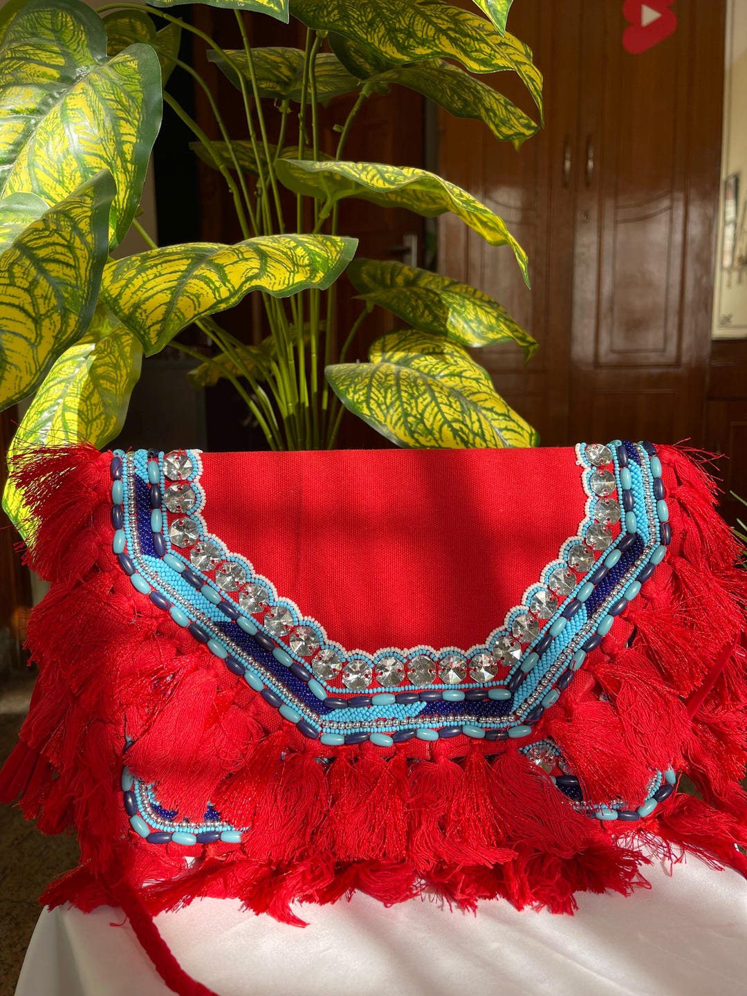 Red Boho Beaded Bag - Teal Glass Seed Beads Crossbody | Handmade ...