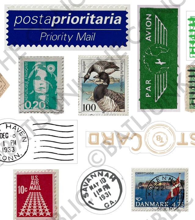 Vtg Stamps Seals Postage PNG Files Stickers Fancy Cuts Scrapbook Art ...