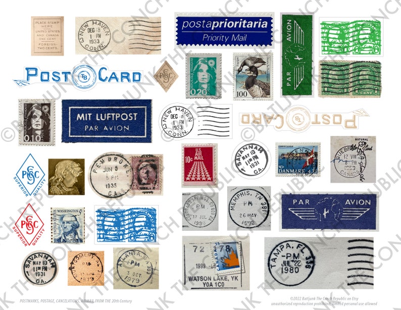 Vtg Stamps Seals Postage PNG Files Stickers Fancy Cuts Scrapbook Art ...