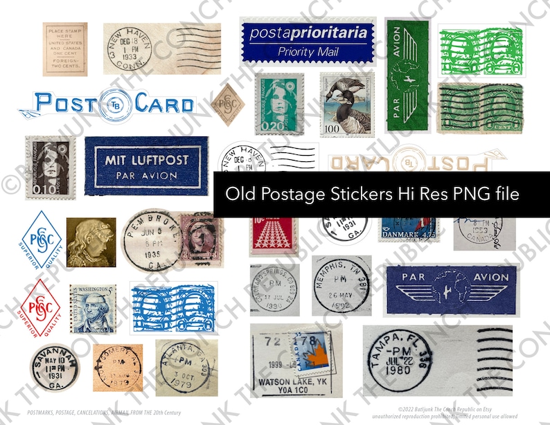 Vtg Stamps Seals Postage PNG Files Stickers Fancy Cuts Scrapbook Art ...