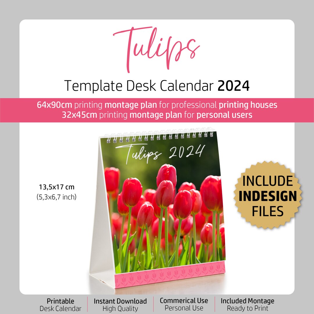 Tulips Template Desk Calendar 2024, Printable, Calendar, Desk Calendar ...