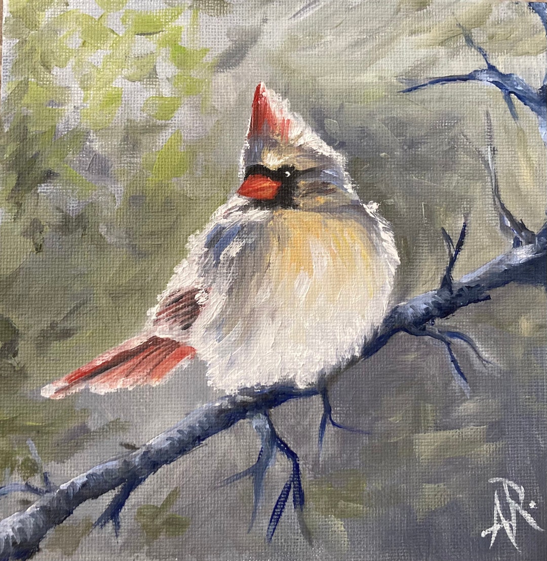 Cardinal, Oil Painting of a Small Bird on Canvas Board. - Etsy