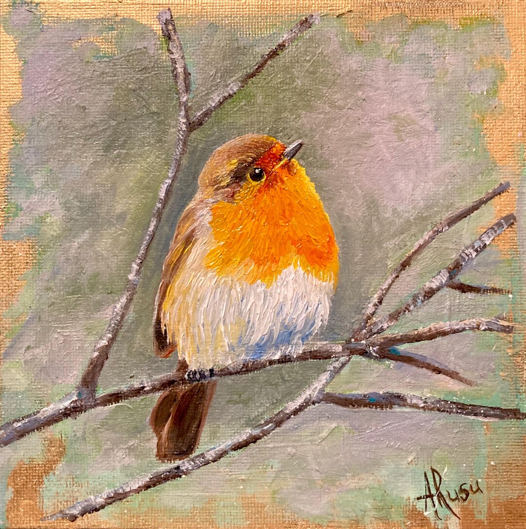 Robin, Oil Painting on a Gold Background, Work of Art, Ideal Colorful ...