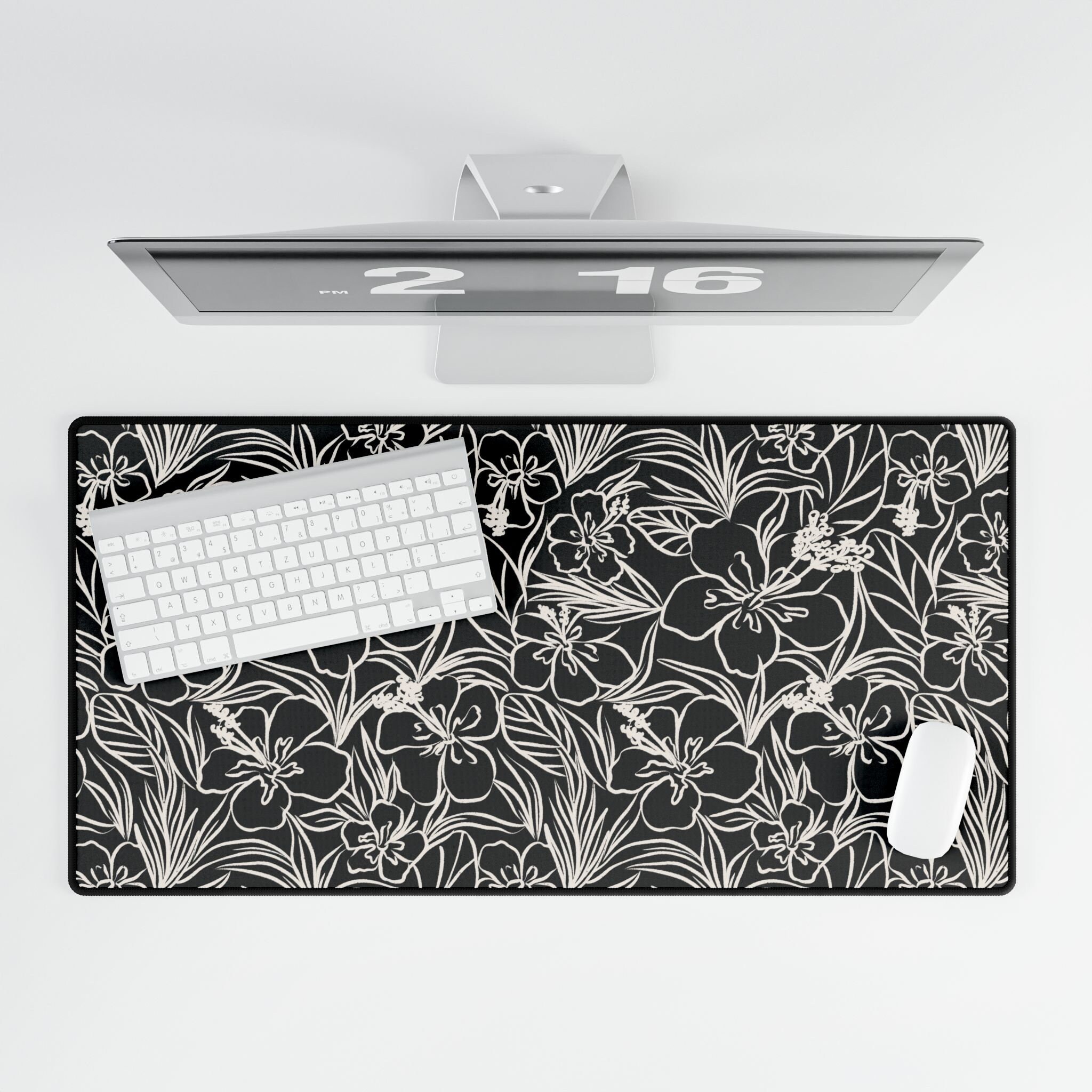 Black White Hibiscus Flower Desk Mat, Hibiscus Flower Desk Mat, Black ...