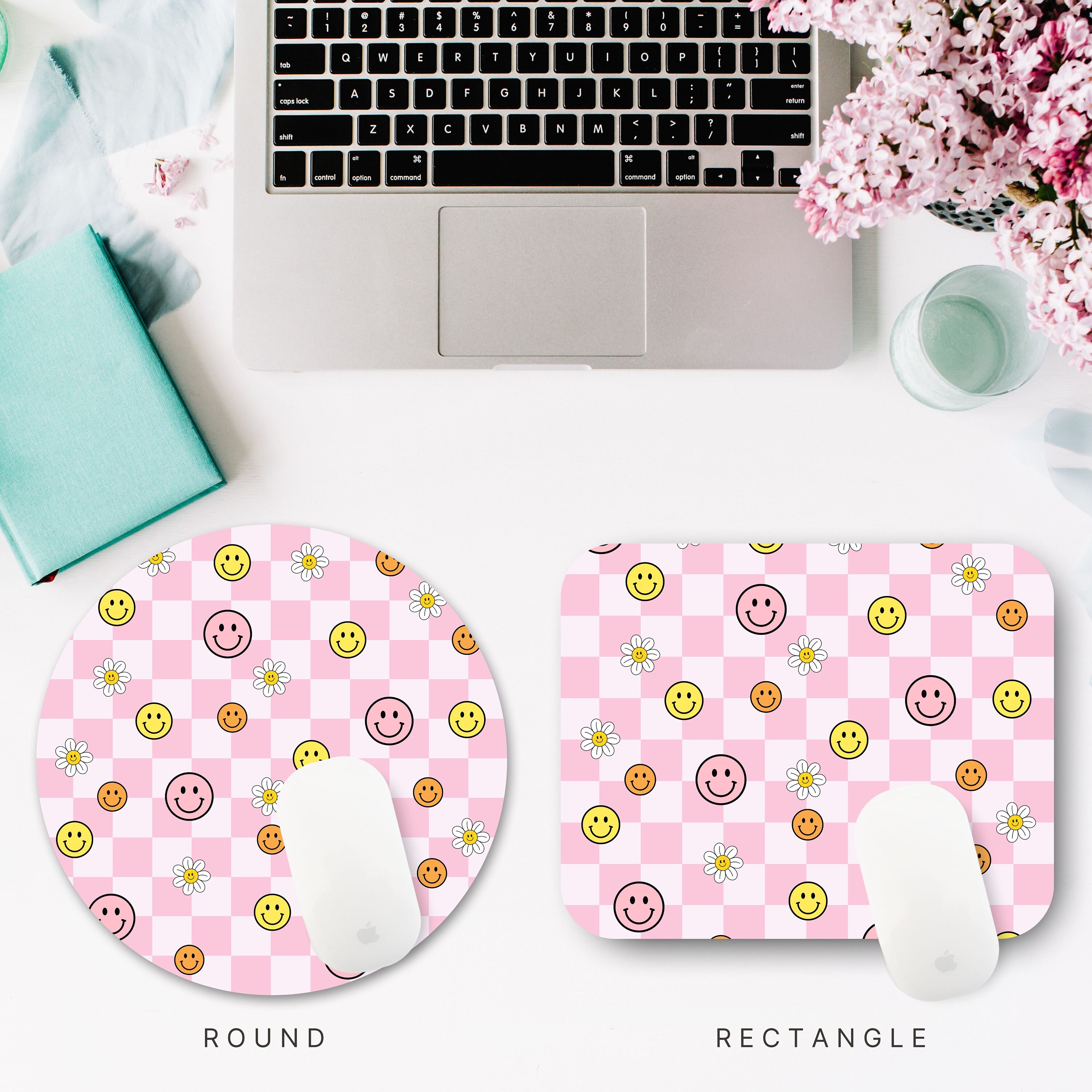 Cute Desk Mat, Groovy Checkered Desk Mat, Retro Smiley Face Desk Mat ...