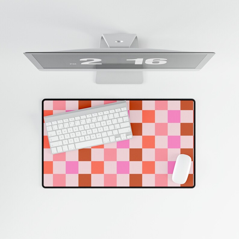 Pink Red Checkered Desk Mat - Aesthetic Office Decor, Modern Desk ...