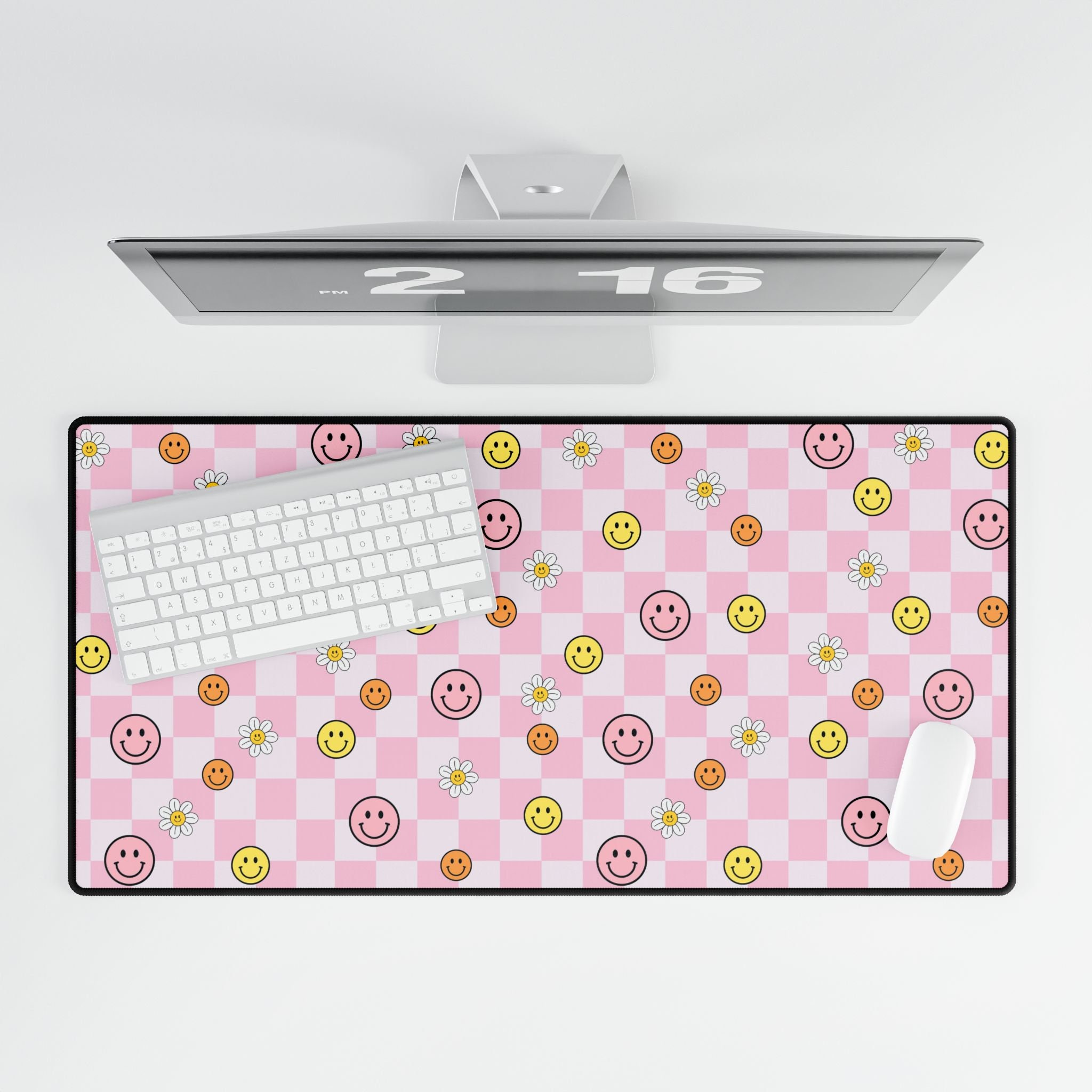 Cute Desk Mat, Groovy Checkered Desk Mat, Retro Smiley Face Desk Mat ...