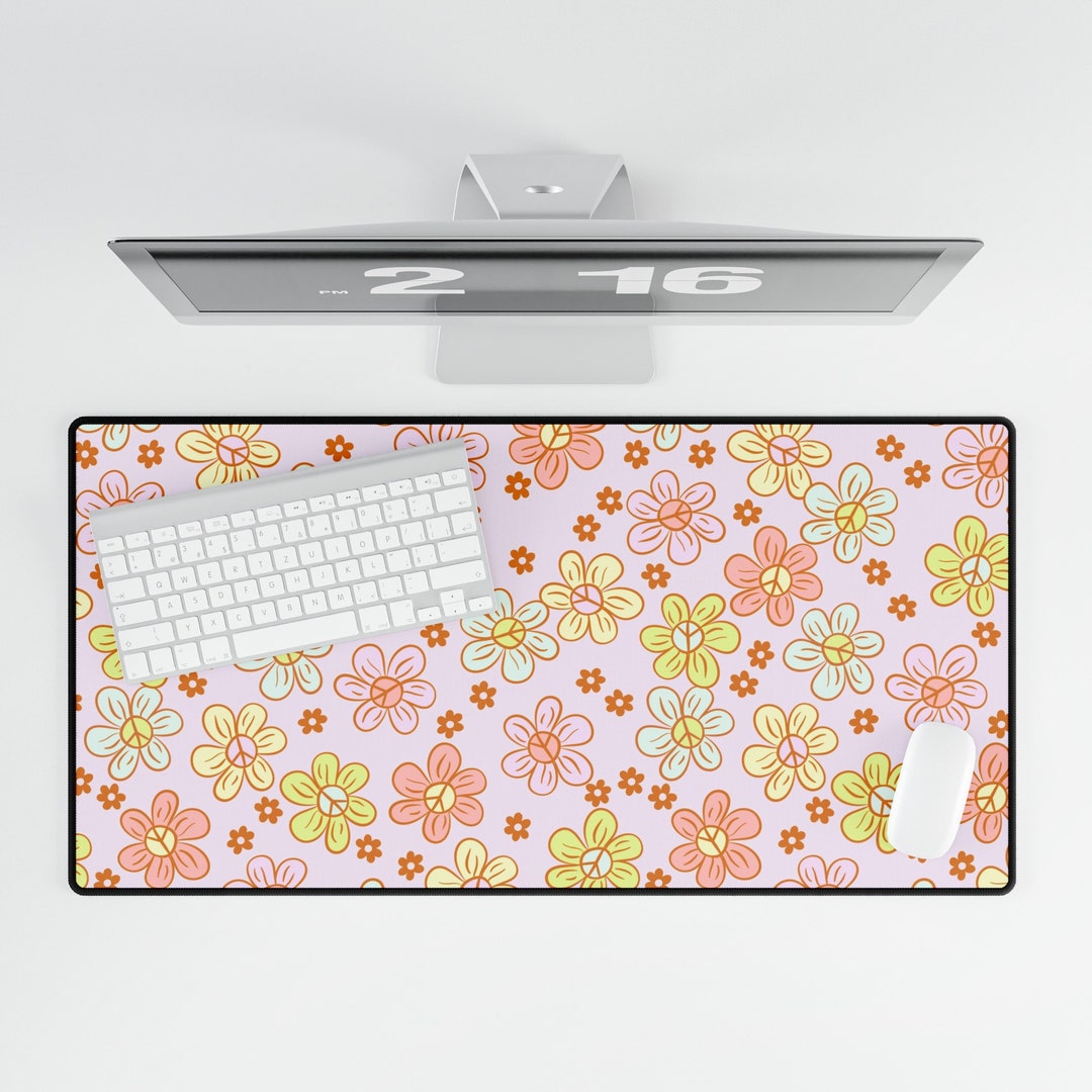 Retro Floral Desk Mat, Funky Desk Mat, Peace Sign Deskmat, Large Mouse ...